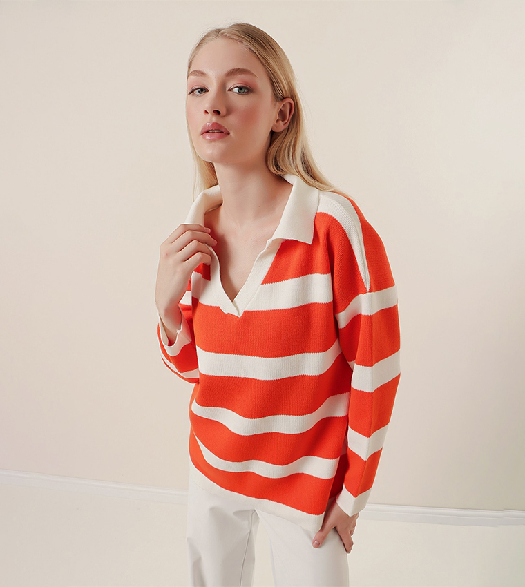 Buy Bigdart Striped Collared Sweater In Orange | 6thStreet Kuwait