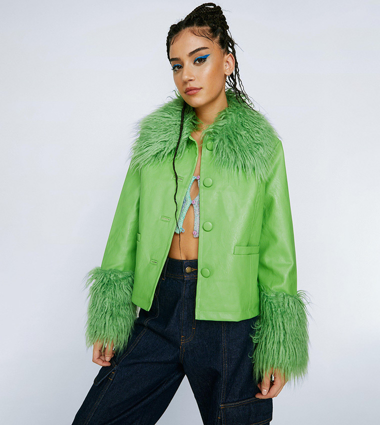Buy Nasty Gal Mongolian Fur Trim Faux Leather Jacket In Green ...
