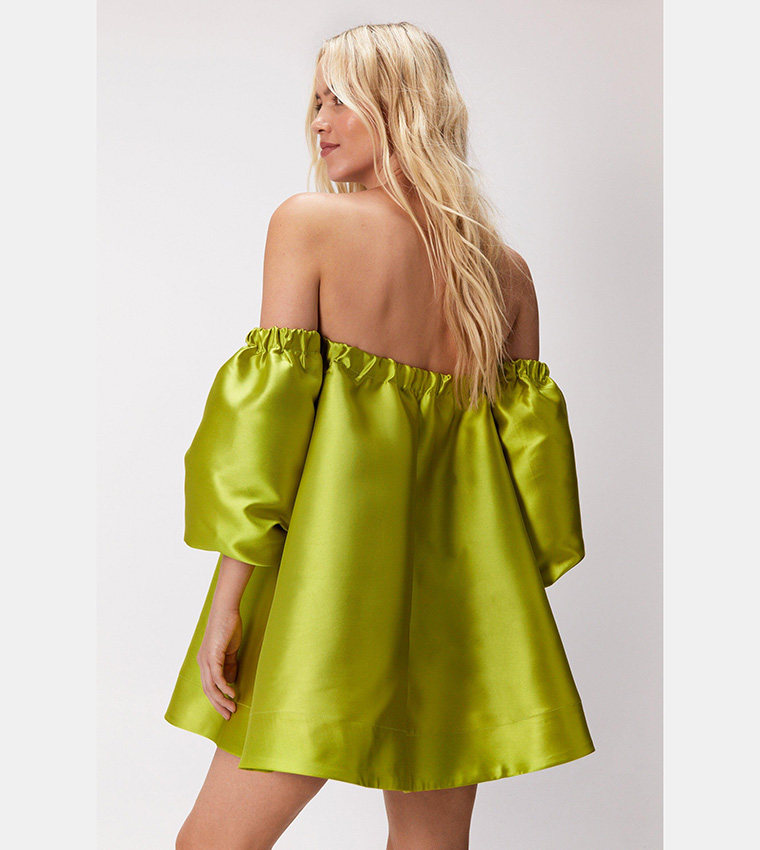 Buy Nasty Gal Structured Bardot Puff Sleeve Mini Prom Dress In Lime ...