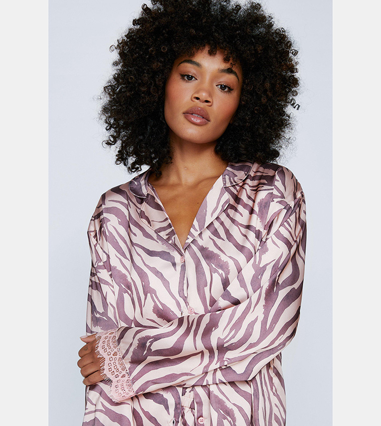 Buy Nasty Gal Satin Zebra Contrast Lace Pajama Shirt And Pants Set In Natural | 6thStreet Saudi ...