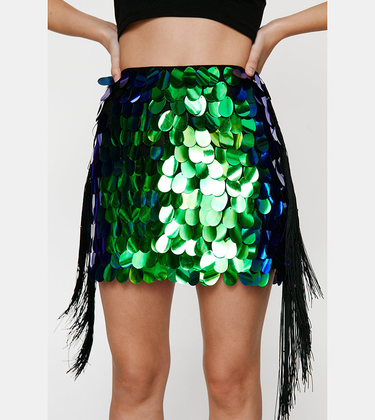 Buy Nasty Gal Premium Disc Sequin Fringe Mini Skirt In Blue | 6thStreet UAE