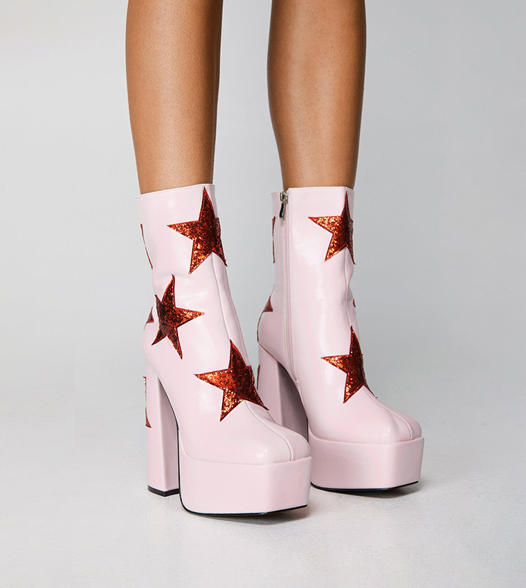 Buy Nasty Gal Faux Leather & Glitter Star Platform Ankle Boots In Pink ...
