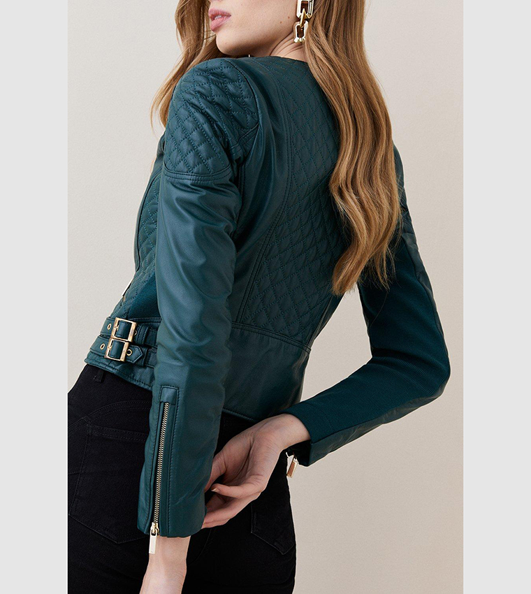 Buy Karen Millen Leather Quilted Biker Jacket In Green | 6thStreet Kuwait