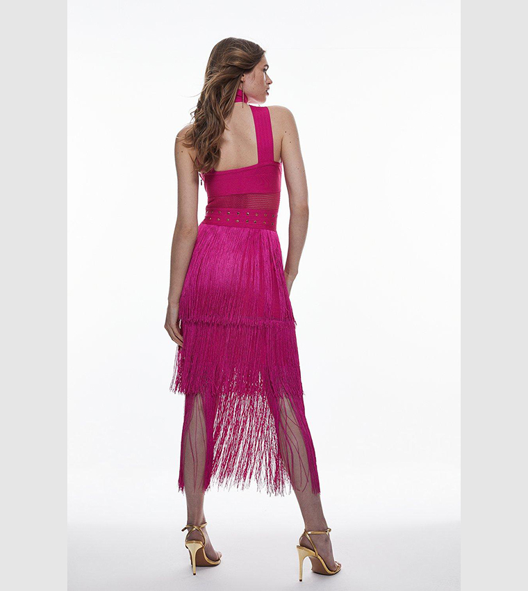 Buy Karen Millen Cut Out Halter Fringed Bandage Knit Midi Dress In Pink ...