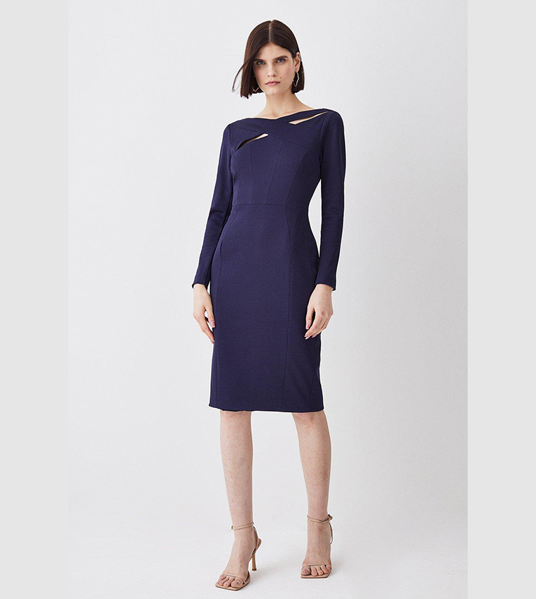 Buy Karen Millen Italian Structured Rib Cross Over Pencil Midi Dress In ...