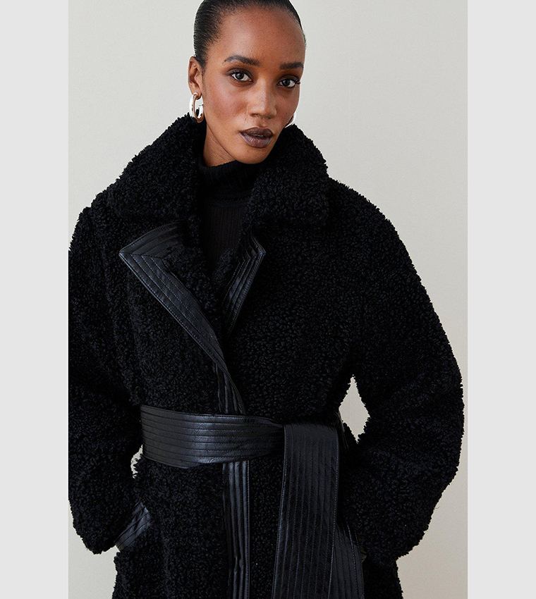Buy Karen Millen Teddy Longline Pu Belted Coat In Black | 6thStreet Kuwait