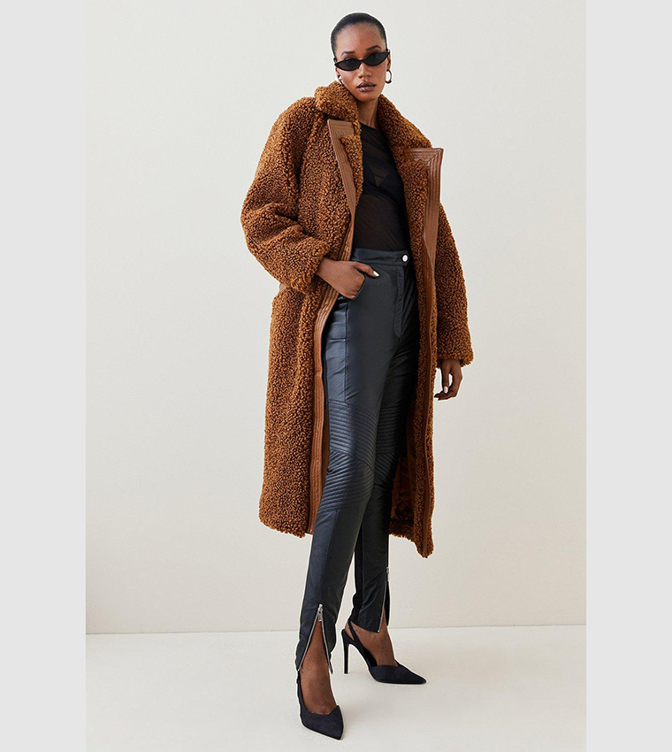 Buy Karen Millen Teddy Longline Pu Belted Coat In Beige | 6thStreet Kuwait