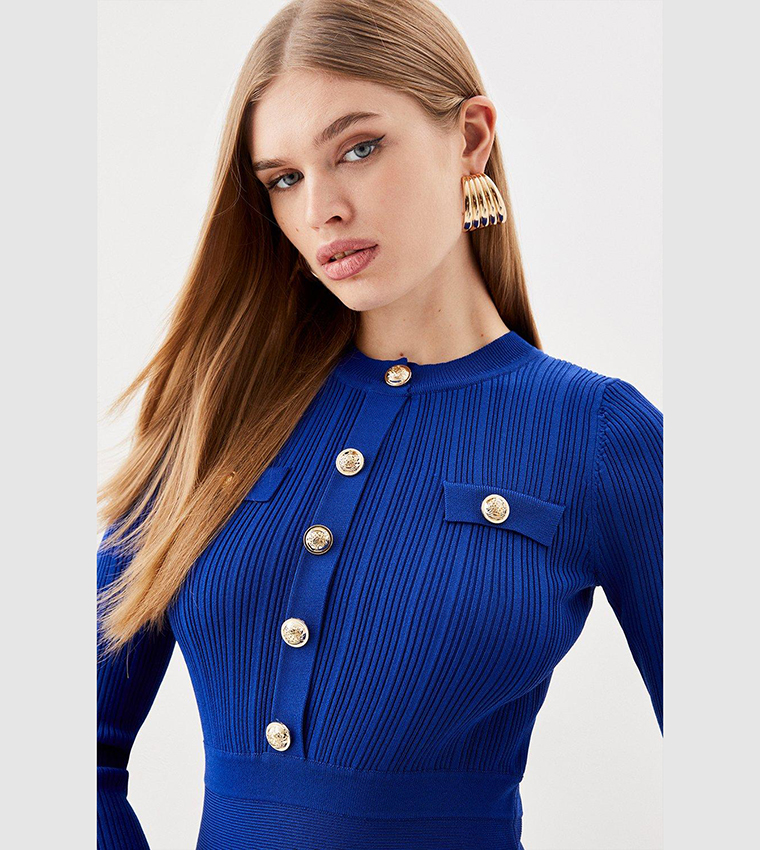 Buy Karen Millen Military Rib Knit Skater Mini Dress In Cobalt