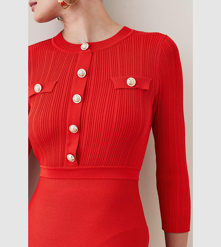Buy Karen Millen Military Rib Knit Skater Mini Dress In Red 6thstreet