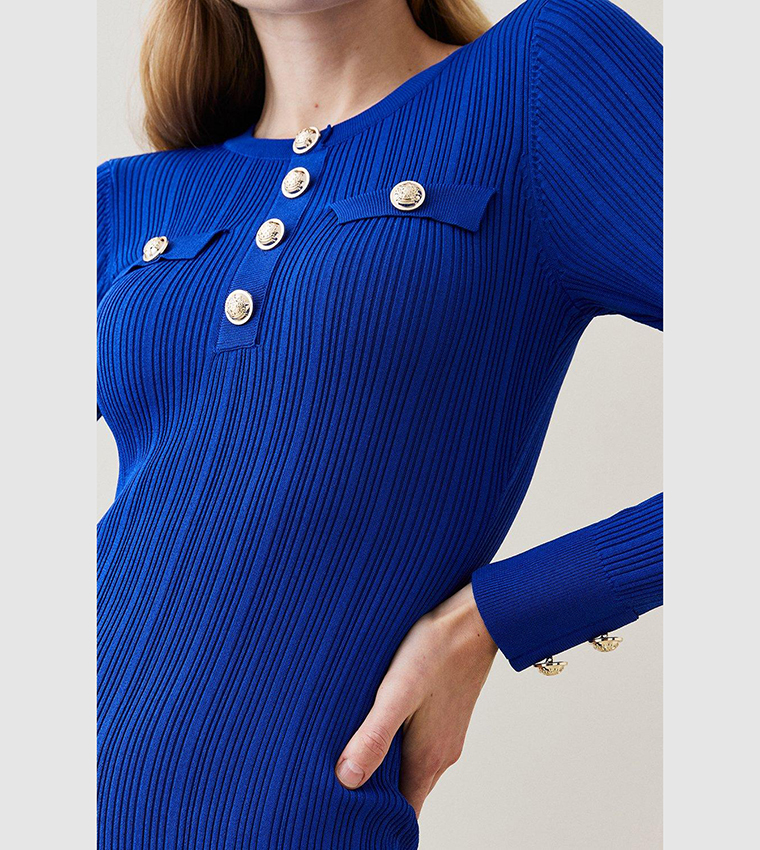 Buy Karen Millen Military Trim Rib Knitted Mini Dress In Cobalt