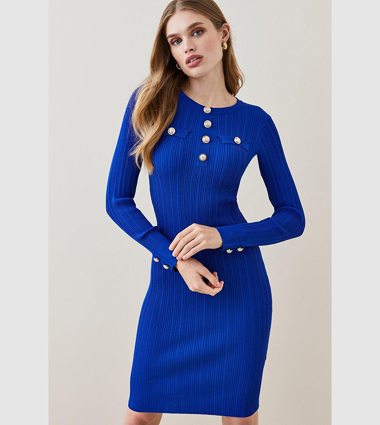 Buy Karen Millen Military Trim Rib Knitted Mini Dress In Cobalt