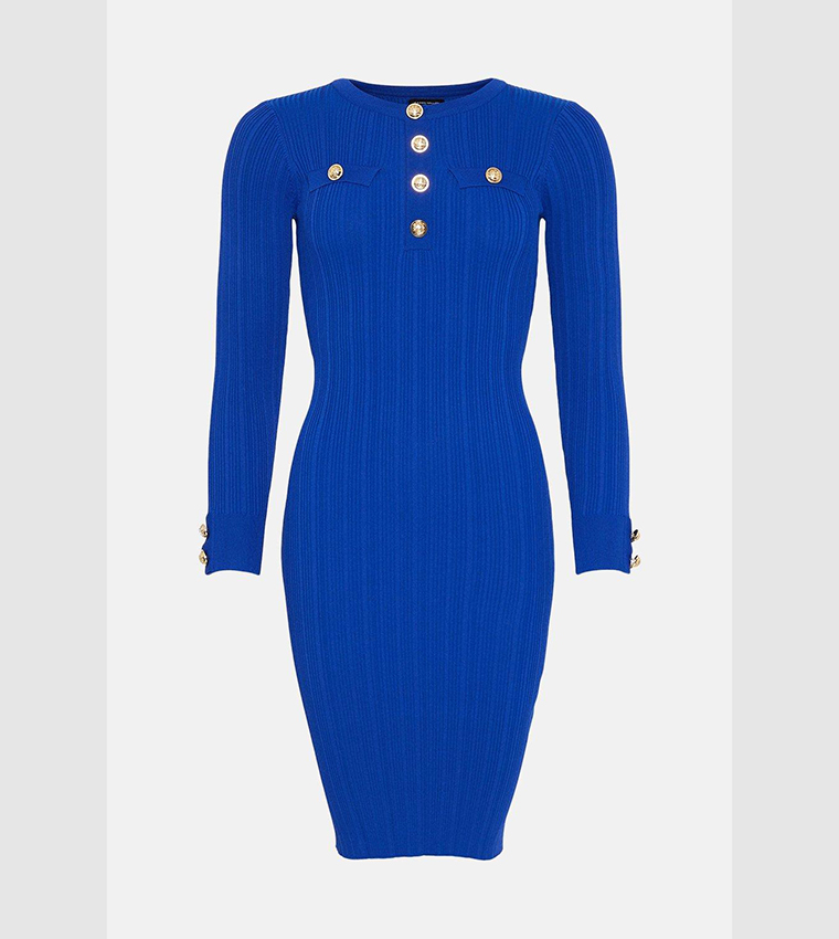 Buy Karen Millen Military Trim Rib Knitted Mini Dress In Cobalt