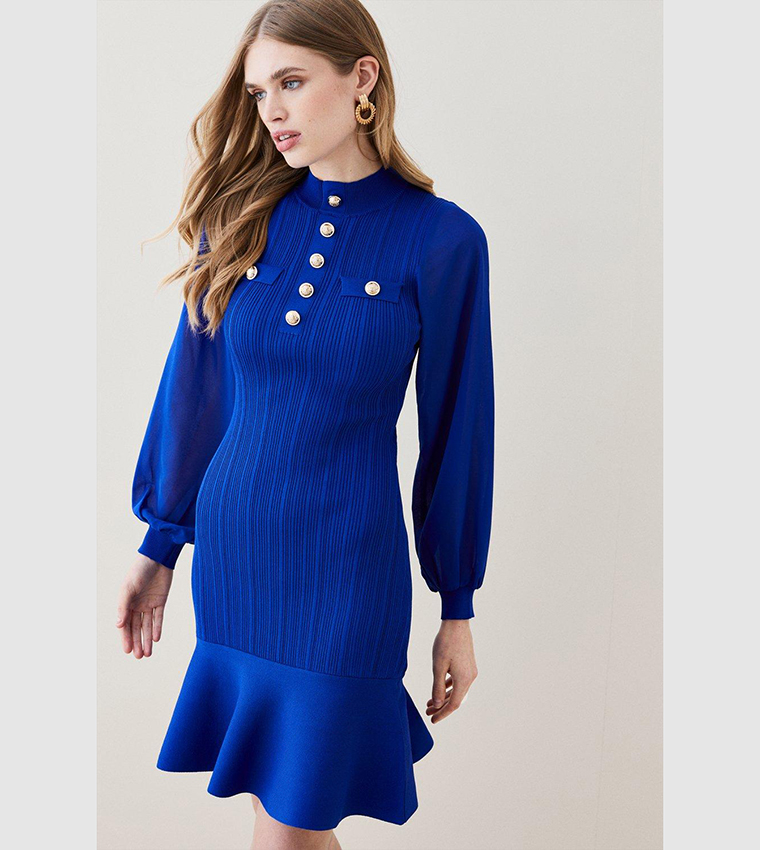 Buy Karen Millen Military Trim Rib Knit Chiffon Sleeve Mini Dress In