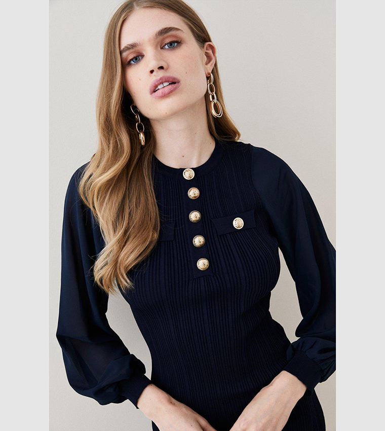 Buy Karen Millen Military Trim Rib Knitted Mini Dress In Navy ...