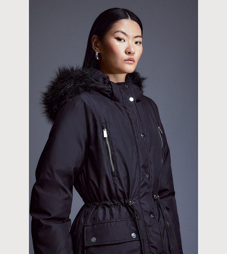 Buy Karen Millen Premium Fur Trim Hooded Parka Coat In Black | 6thStreet Qatar