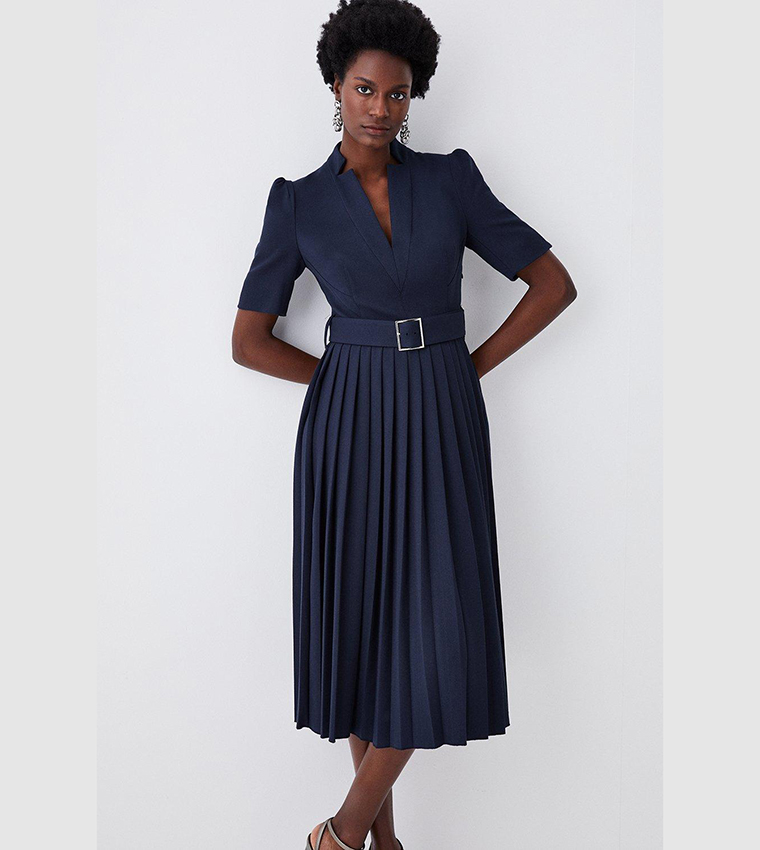 Buy Karen Millen Structured Crepe Forever Pleat Belted Midi Dress In
