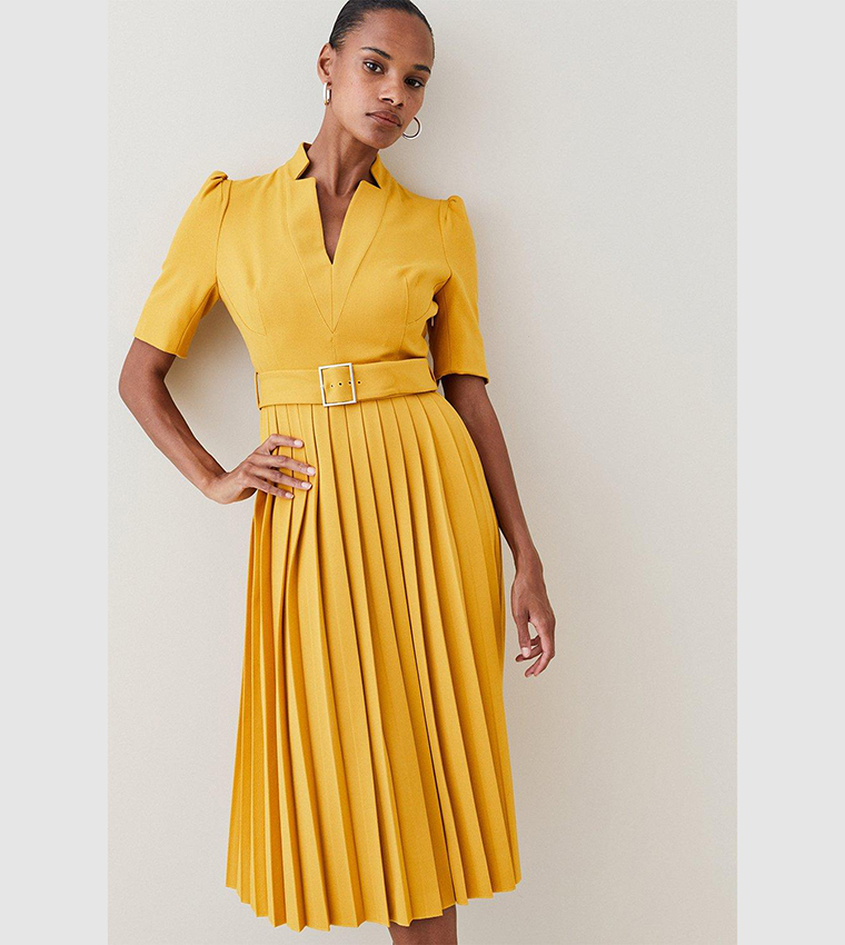 Buy Karen Millen Structured Crepe Forever Pleat Belted Midi Dress In ...