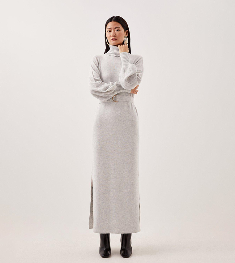 Buy Karen Millen Wool Blend Full Sleeves Belted Funnel Knit Neck Midaxi ...