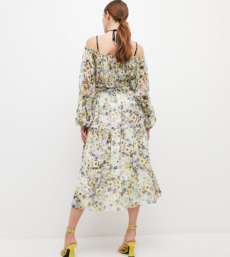 Buy Karen Millen Floral Print Bardot Woven Midi Dress In Yellow