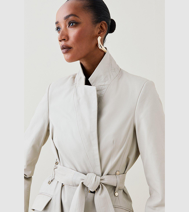 Buy Karen Millen Leather Investment Notch Neck Short Coat In Beige ...