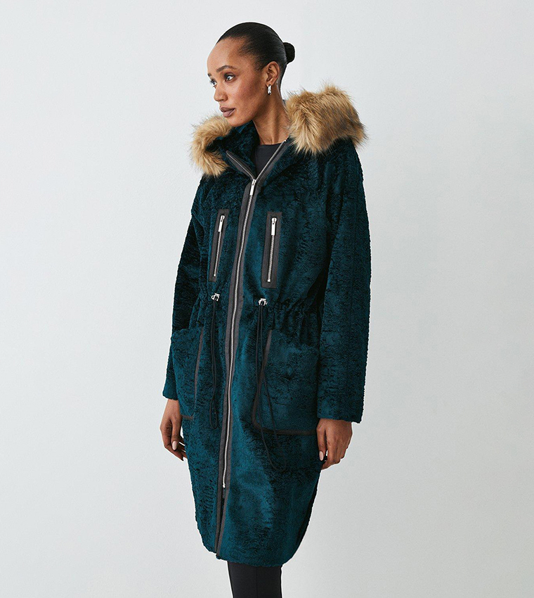 Buy Karen Millen Signature Faux Ponyskin Hooded Parka Jacket In Green | 6thStreet Kuwait