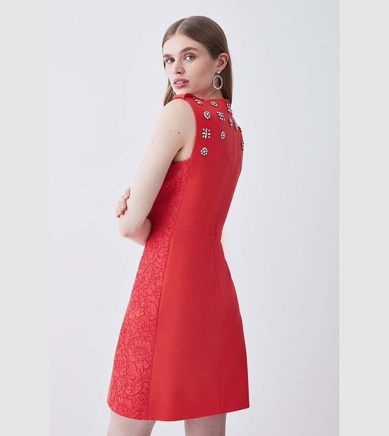 Buy Karen Millen Crystal Embellished Lace Mix Mini Dress In Red