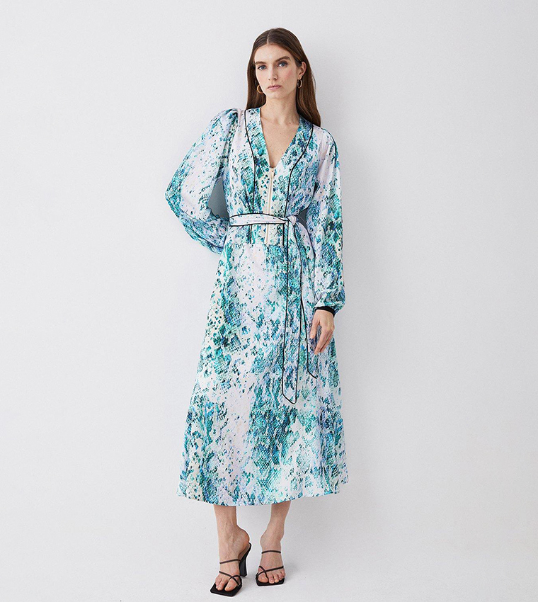 Buy Karen Millen Tall Soft Snake Print Satin Piped Zip Front Midi Dress ...