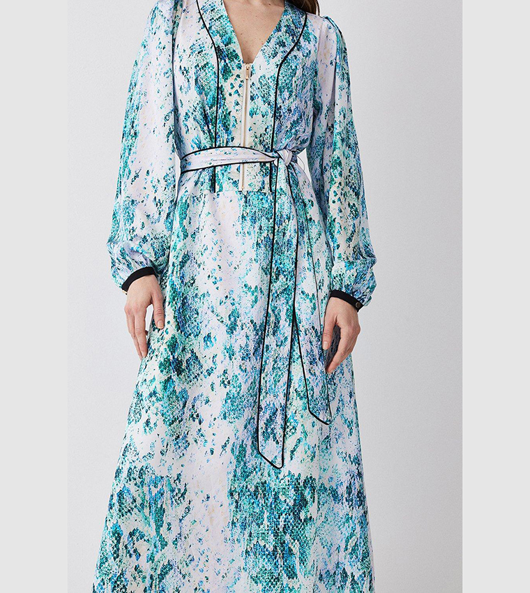 Buy Karen Millen Tall Soft Snake Print Satin Piped Zip Front Midi Dress ...
