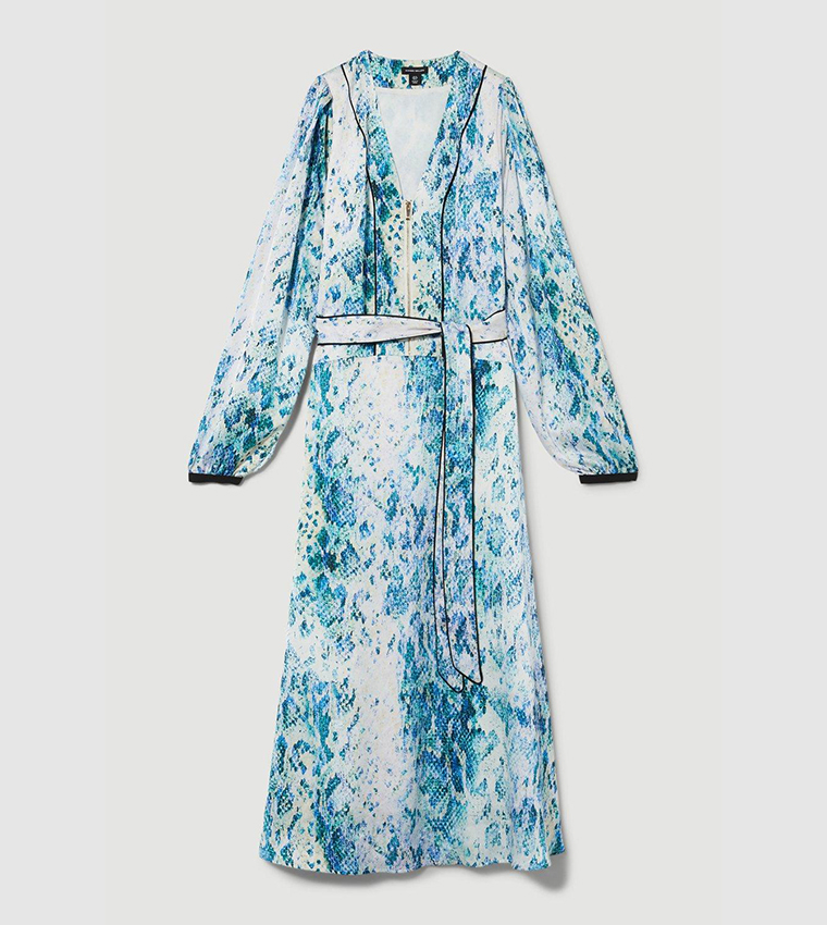 Buy Karen Millen Tall Soft Snake Print Satin Piped Zip Front Midi Dress ...