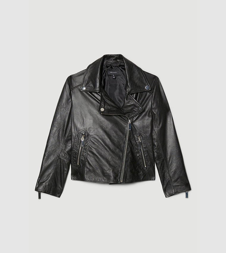 Buy Karen Millen Washed Shrunken Leather Biker Jacket In Black ...
