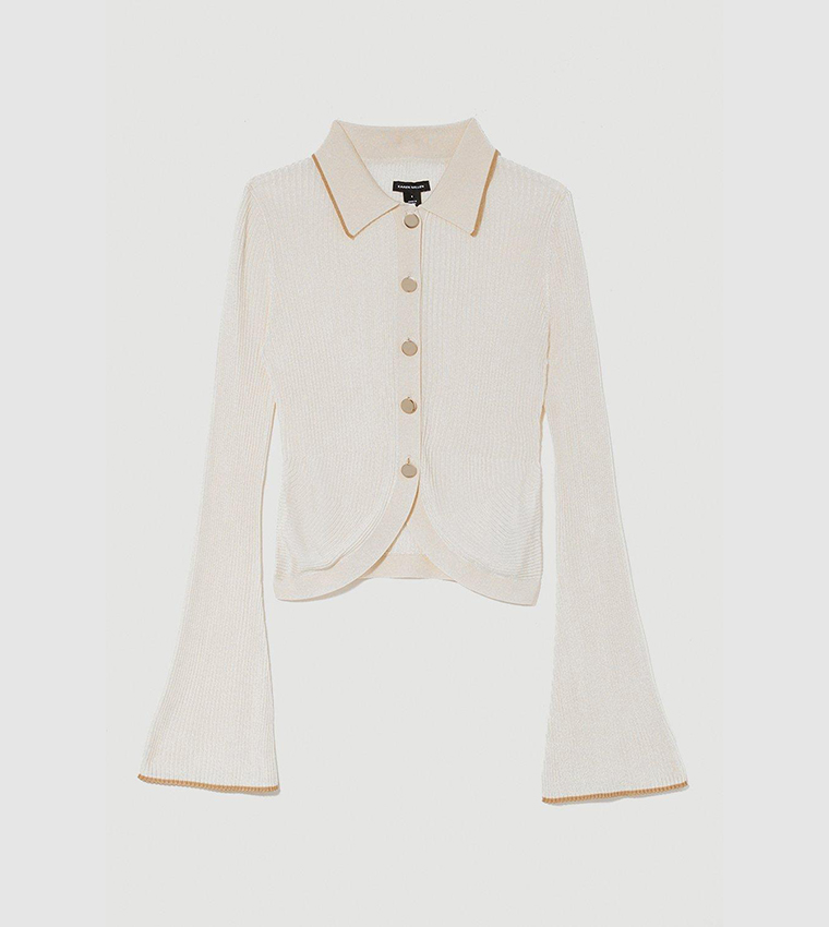 Buy Karen Millen Slinky Rib Tipped Collar Cardigan In Beige | 6thStreet ...
