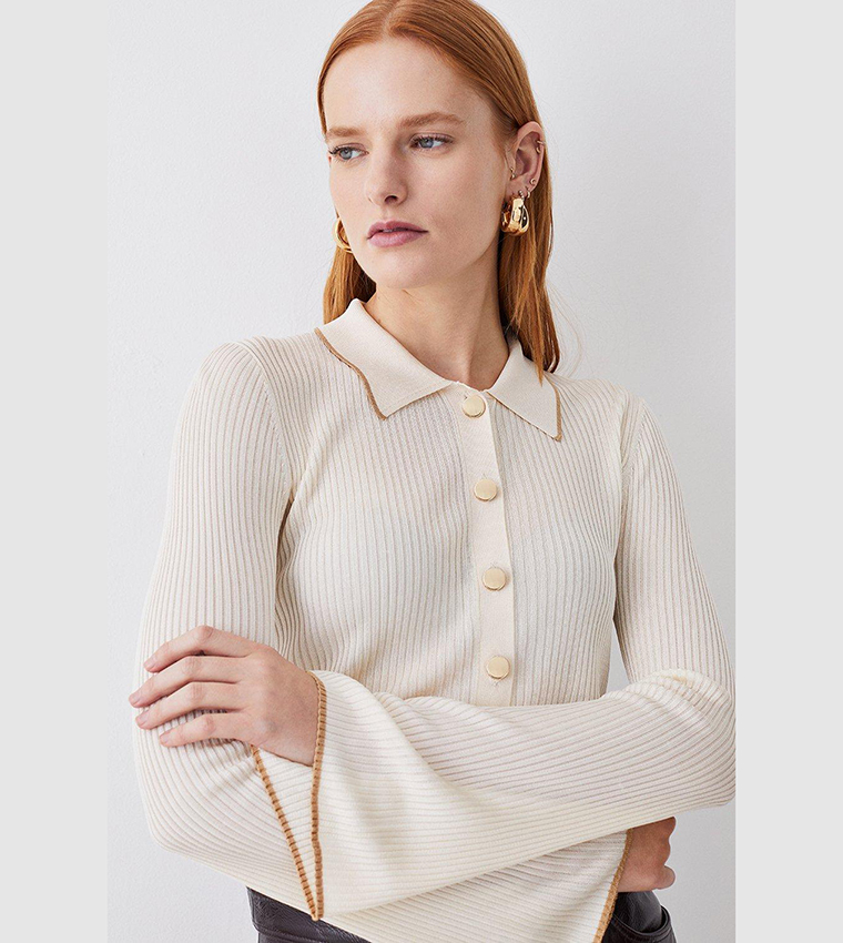 Buy Karen Millen Slinky Rib Tipped Collar Cardigan In Beige | 6thStreet ...