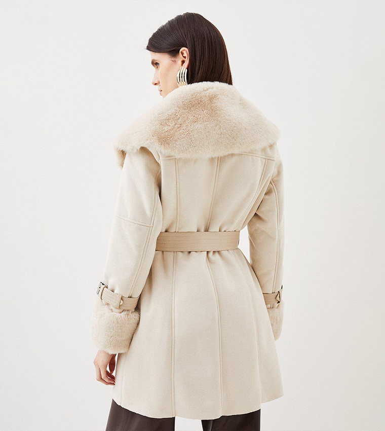 Buy Karen Millen Mock Shearling Collar & Cuff Belted Short Coat In ...