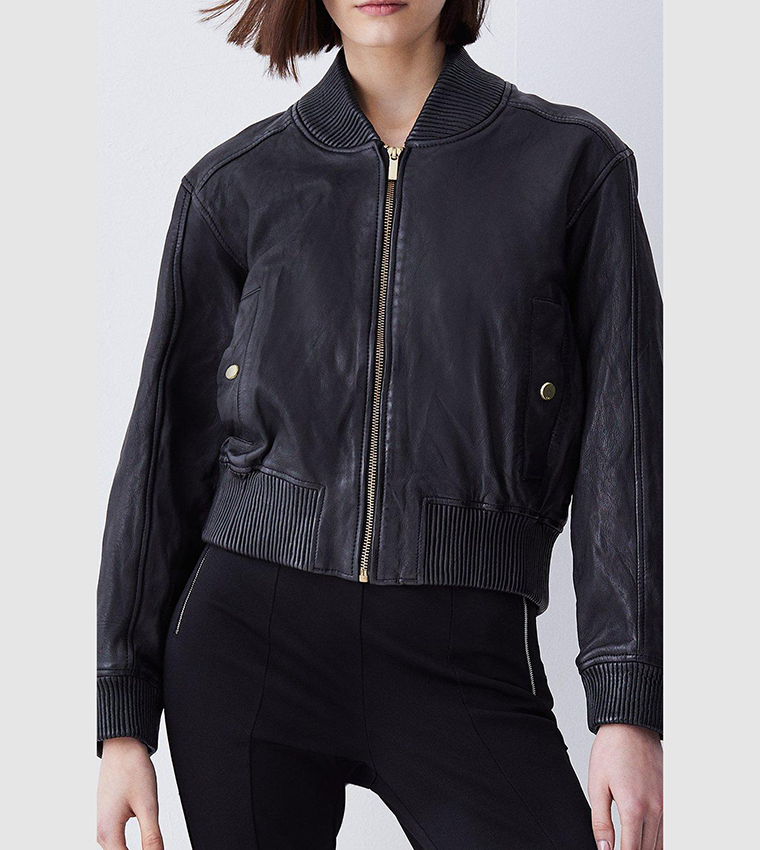 Buy Karen Millen Washed Leather Zip Back Bomber Jacket In Black ...