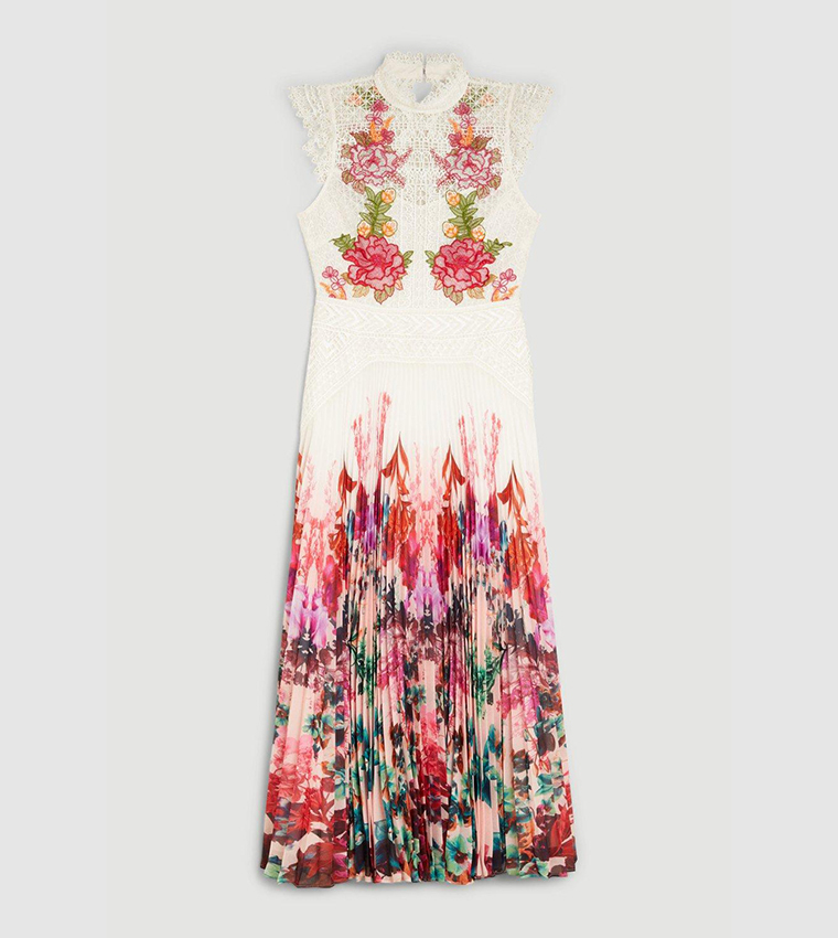 Buy Karen Millen Guipure Lace Mirrored Floral Pleated Midi Dress In