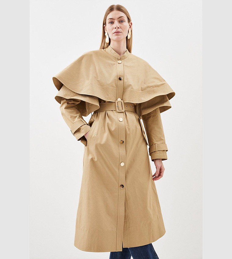 Buy Karen Millen Layered Storm Flap Belted Trench Coat In Beige ...