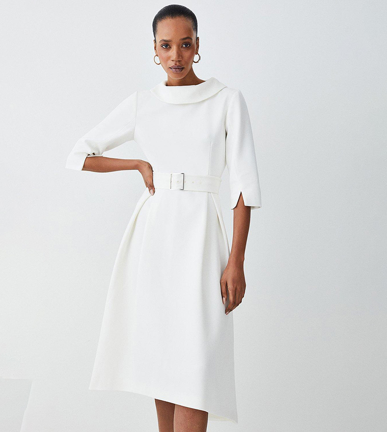 Buy Karen Millen Structured Crepe Roll Neck Dip Hem Midi Dress In Ivory ...
