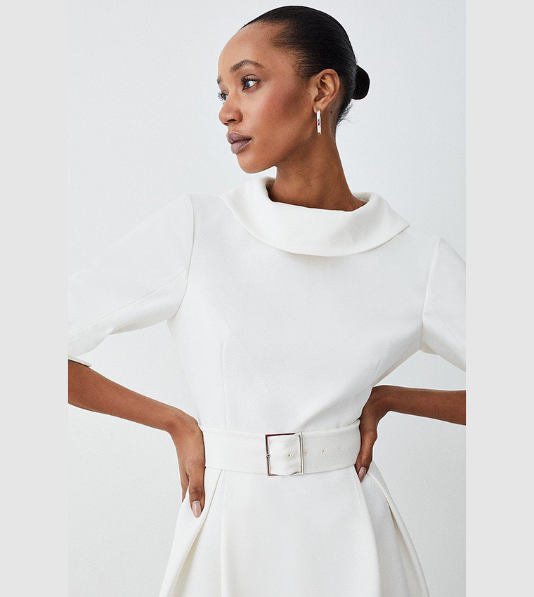 Buy Karen Millen Structured Crepe Roll Neck Dip Hem Midi Dress In Ivory ...