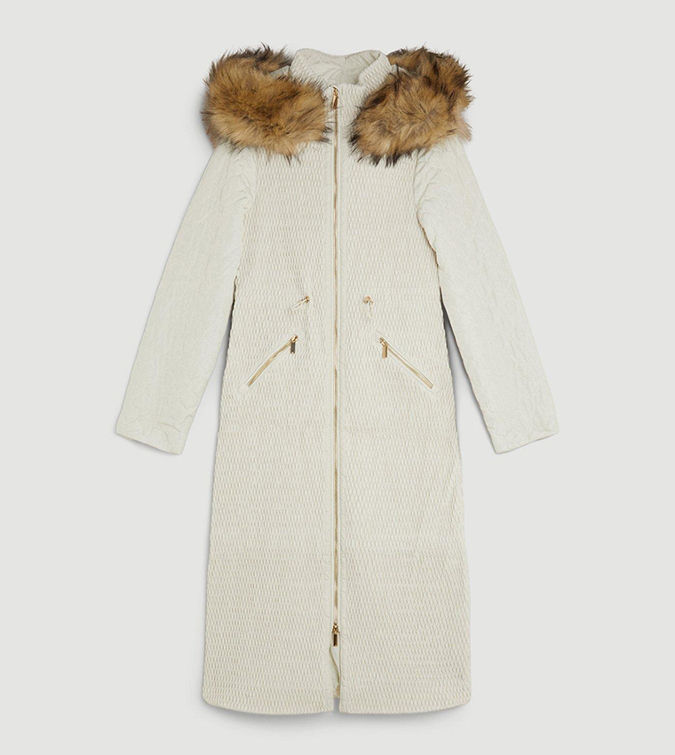 Buy Karen Millen Signature Quilt Faux Fur Hood Longline Coat In Cream ...