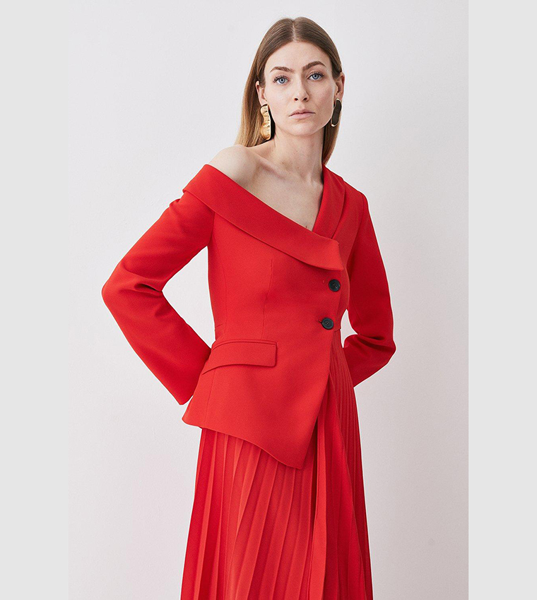 Buy Karen Millen Tailored Crepe Asymmetric Pleated Midi Dress In Red