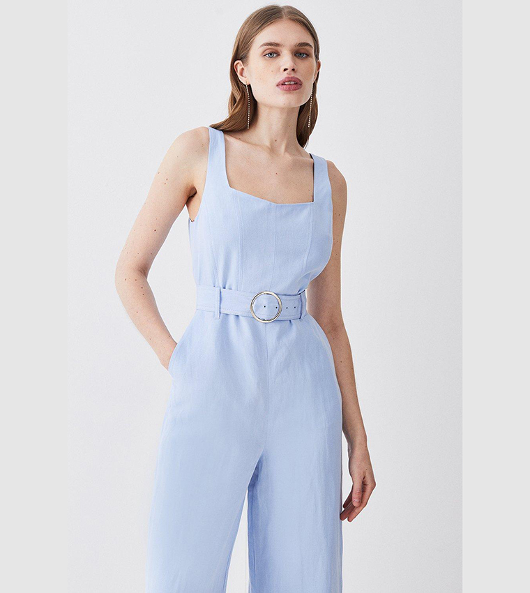 Buy Karen Millen Linen Seamed Detail Wide Leg Jumpsuit In Blue ...