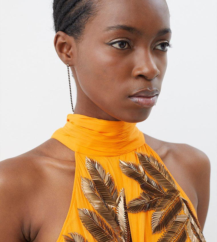 Buy Karen Millen Halter Neck Feather Sequins Detail Woven Maxi Dress In ...