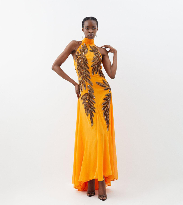 Buy Karen Millen Halter Neck Feather Sequins Detail Woven Maxi Dress In ...