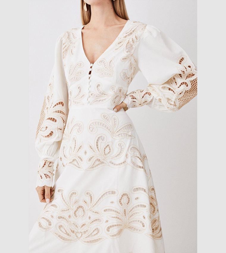 Buy Karen Millen Mirrored Cutwork Tie Front Woven Midi Dress In White ...