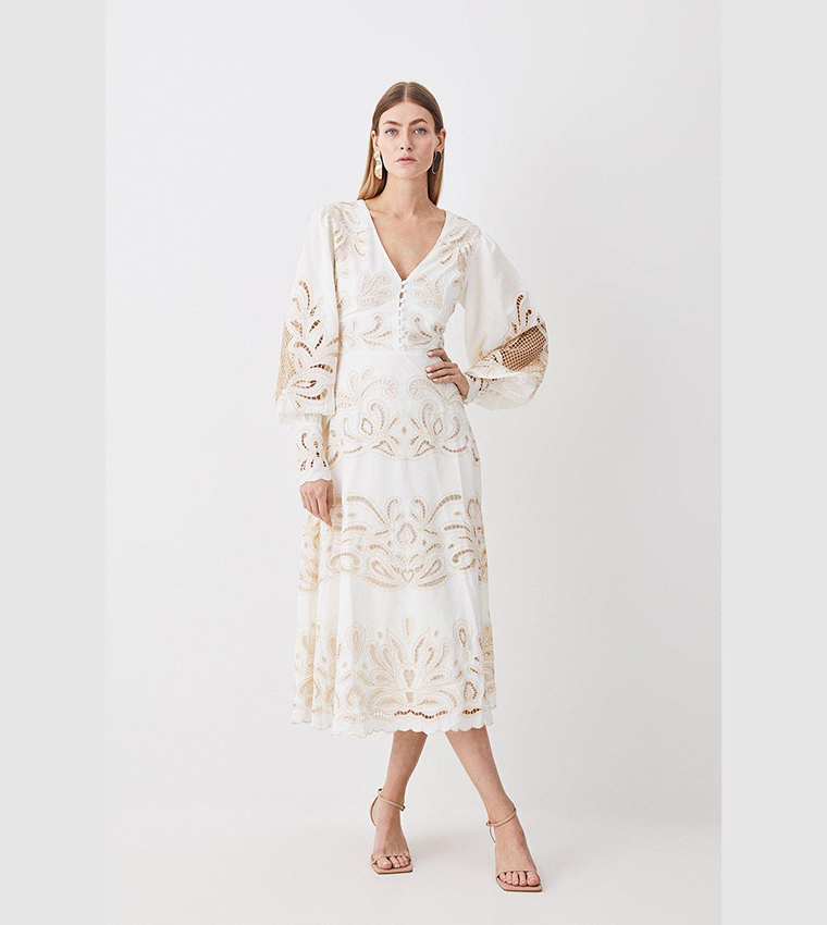 Buy Karen Millen Mirrored Cutwork Tie Front Woven Midi Dress In White ...