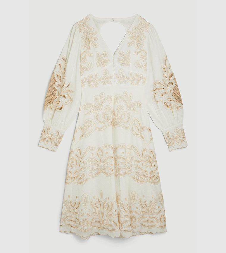 Buy Karen Millen Mirrored Cutwork Tie Front Woven Midi Dress In White ...