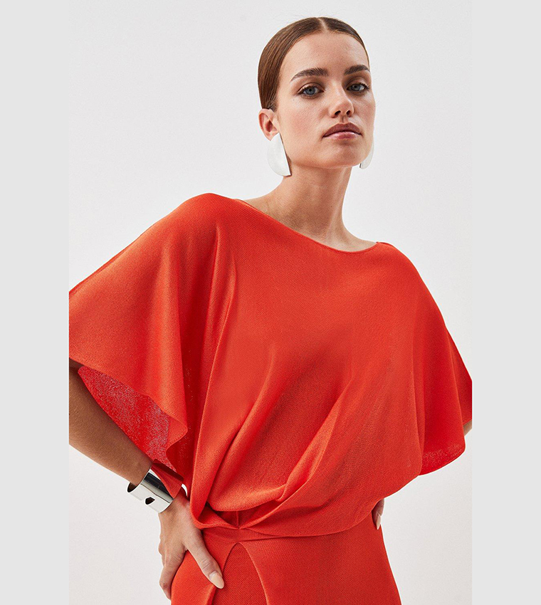 Buy Karen Millen Slinky Knit Angel Sleeve High Low Dress In Orange ...
