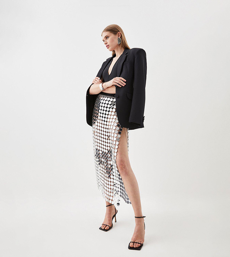 Buy Karen Millen Mirrored Disc Midi Skirt In Silver | 6thStreet Kuwait