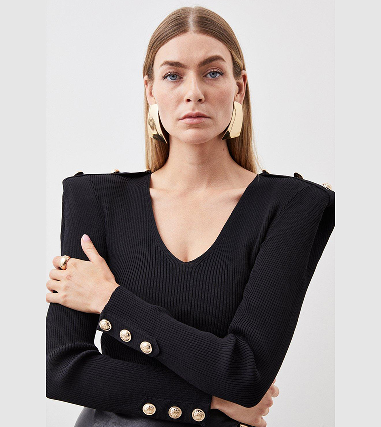Buy Karen Millen Ribbed Knit V Neck Power Shoulder Military Top In ...