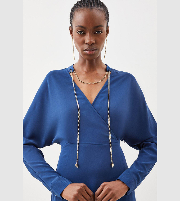 Buy Karen Millen Collar Detail Wrap Front Long Sleeve Midi Dress In ...